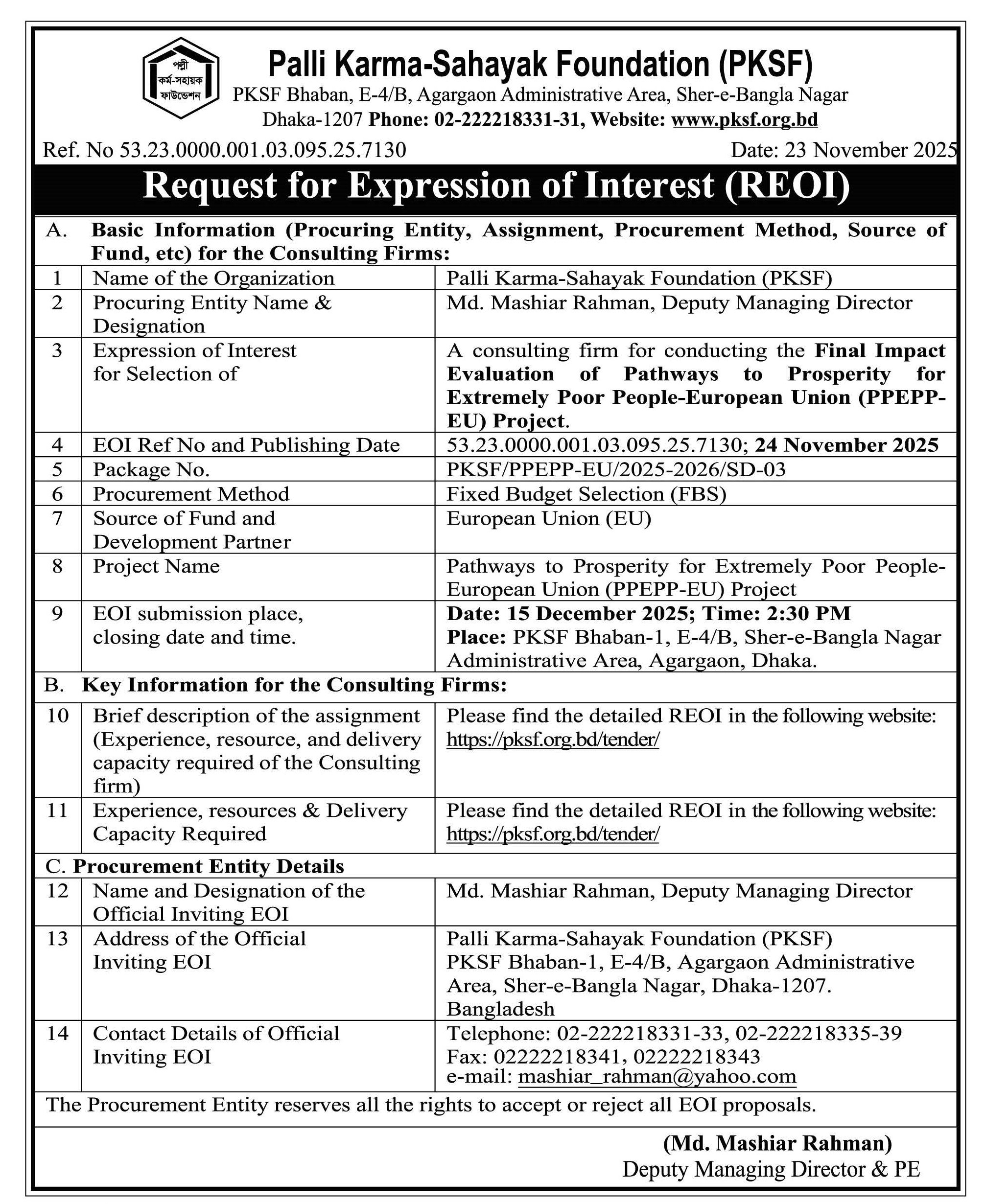 Request for Expression of Interest (REOI) for Selection of a Consulting ...