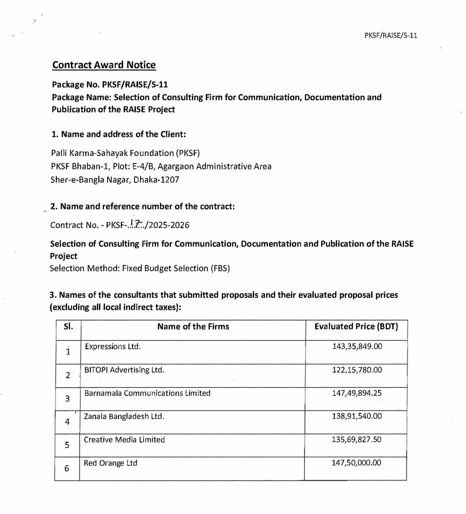 Contract Award Notice for Selection of Consulting Firm for ...