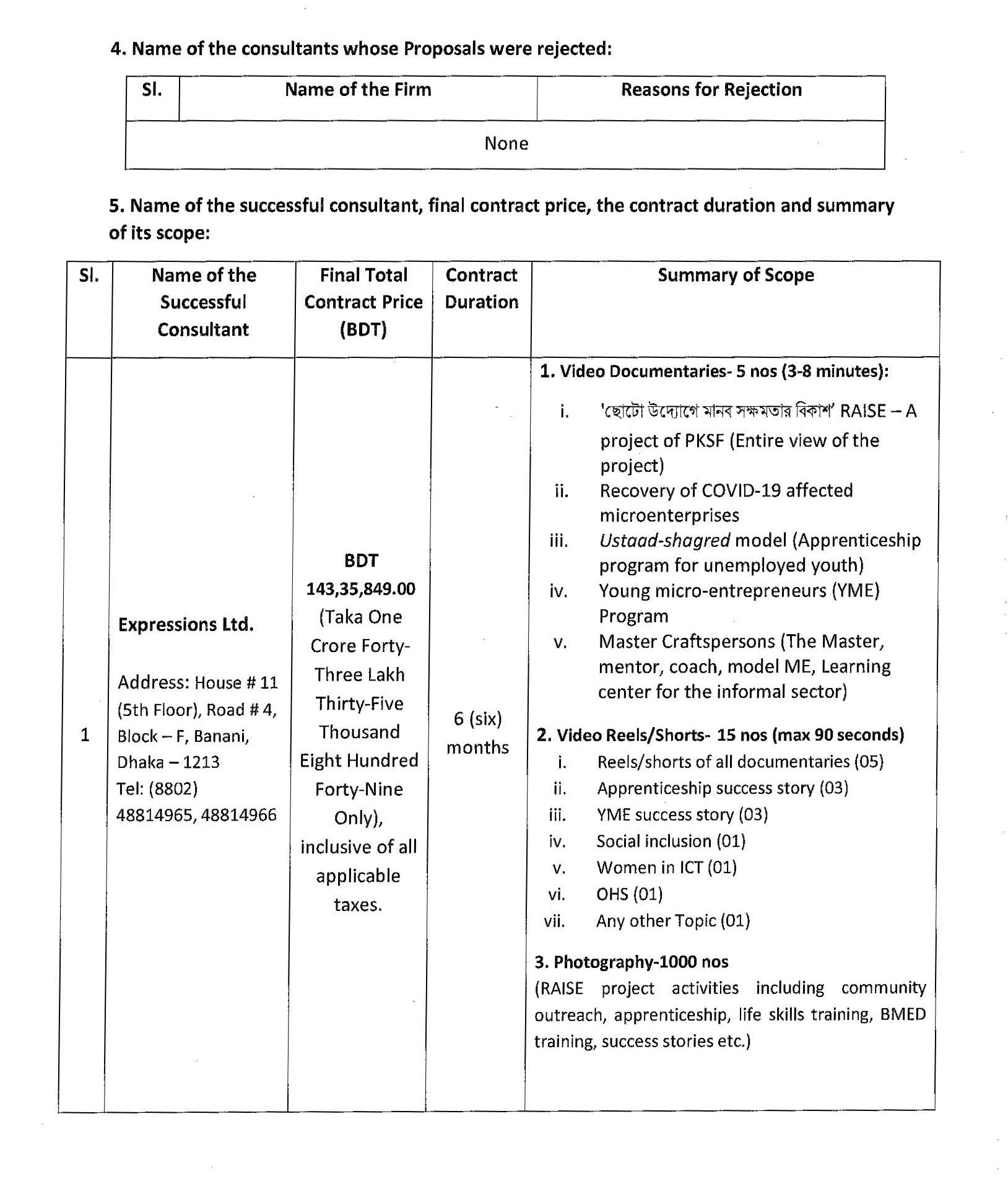 Contract Award Notice for Selection of Consulting Firm for ...