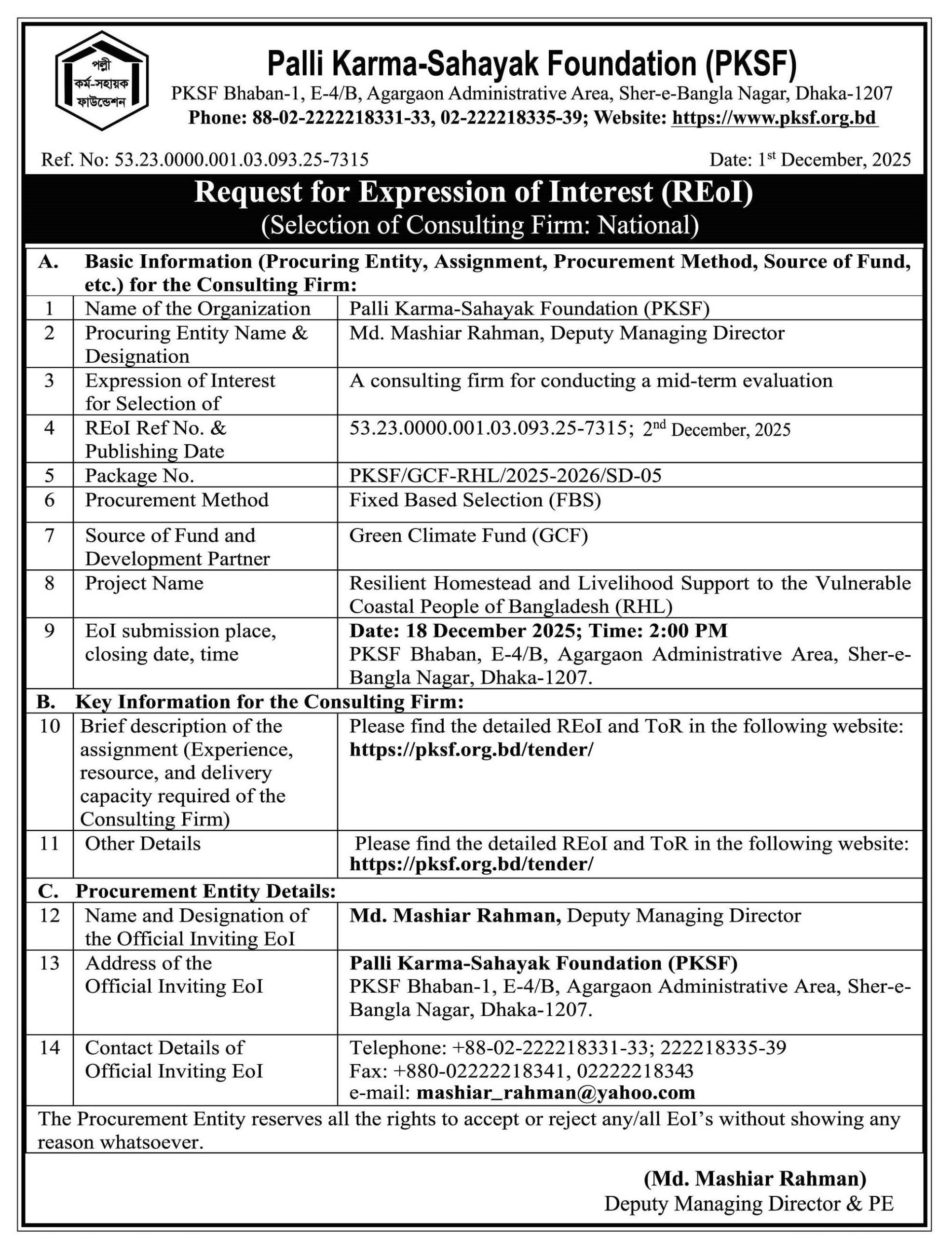 Request for Expression of Interest (REOI) for Selection of a consulting ...